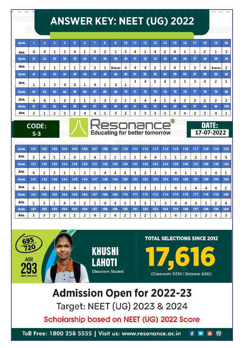 NEET 2022 Answer Key S3 by Resonance