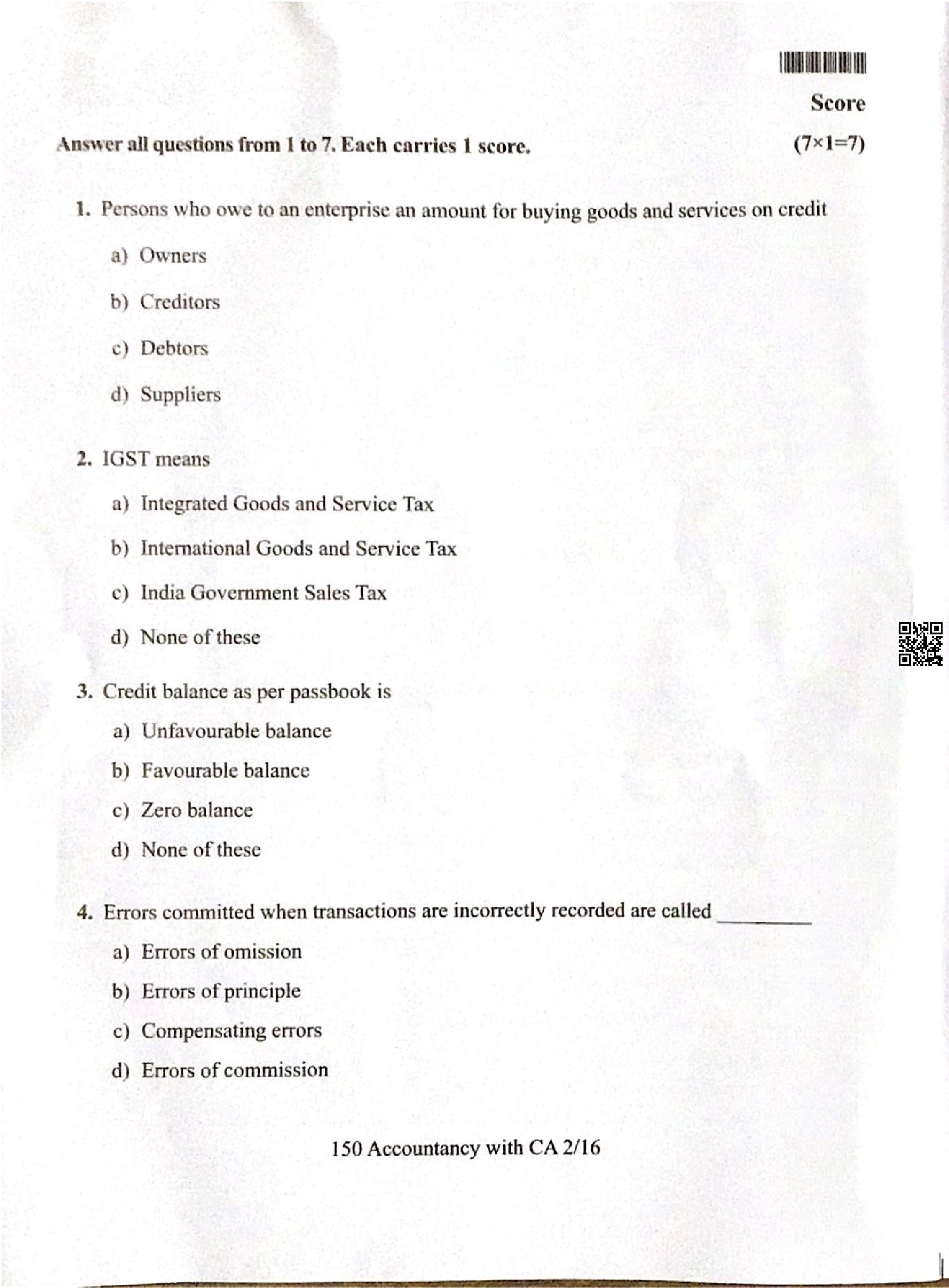 Kerala Plus One Accountancy Model Exam Question Paper 2025 (PDF ...