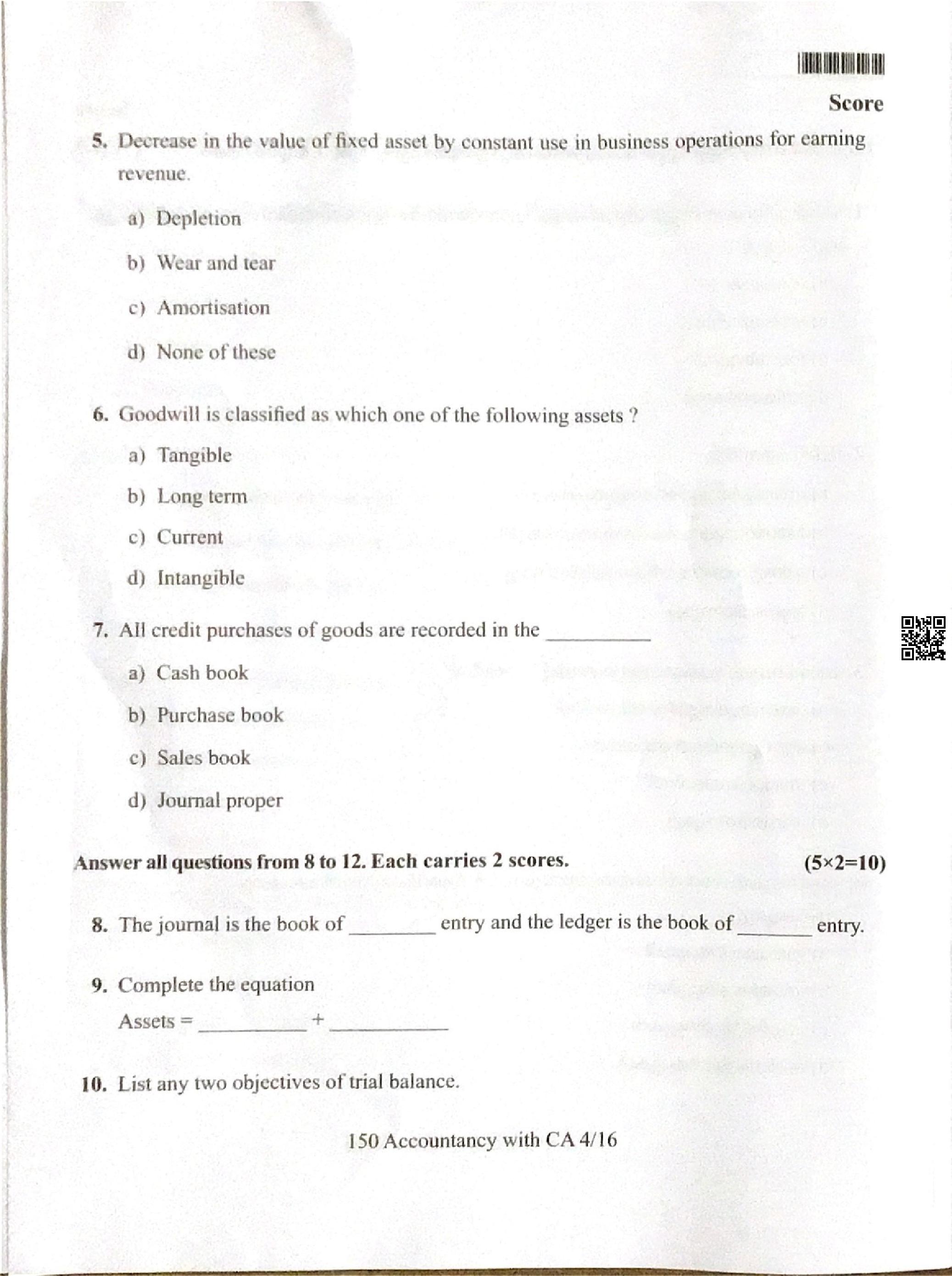 Kerala Plus One Accountancy Model Exam Question Paper 2025 (PDF ...