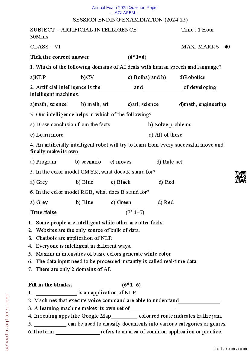Class 6 Artificial Intelligence Question Paper 2025 (PDF) - Download 6th Std Annual Exam ...