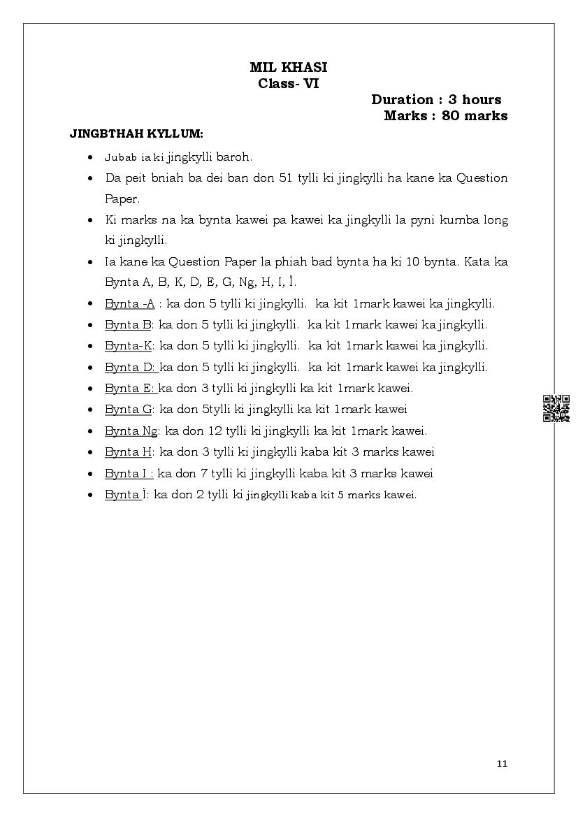 MBOSE Class VI Khasi Sample Paper 2026 (PDF) - Download Meghalaya Board ...