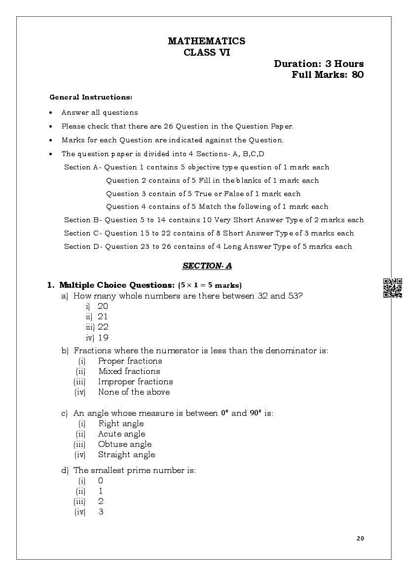 MBOSE Class VI Maths Sample Paper 2026 (PDF) - Download Meghalaya Board ...