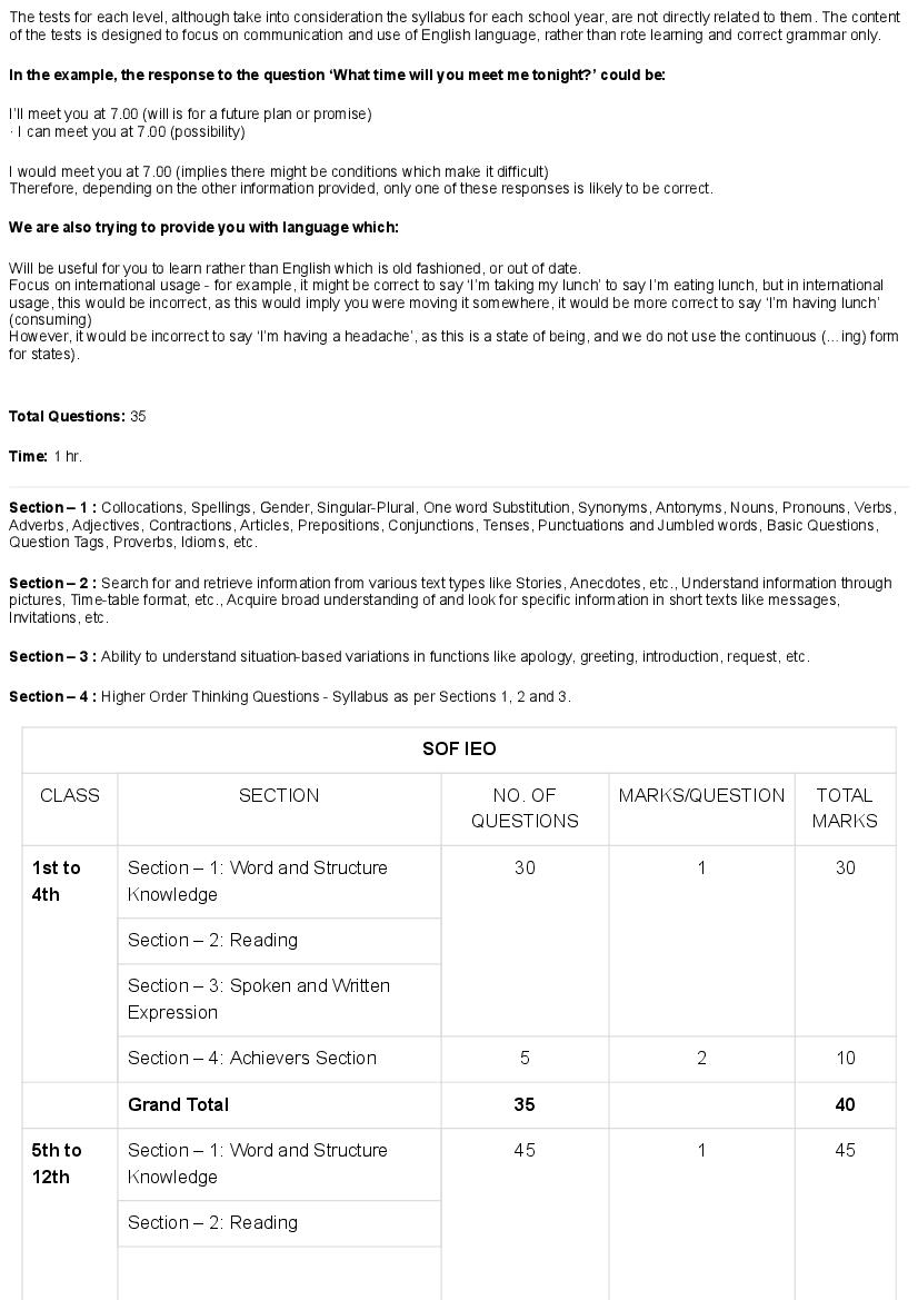 SOF IEO Syllabus Class 4