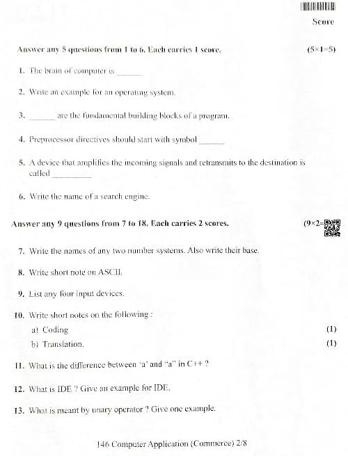 Kerala Plus One Computer Application Model Exam Question Paper 2025 (PDF) - Download KBPE Class ...