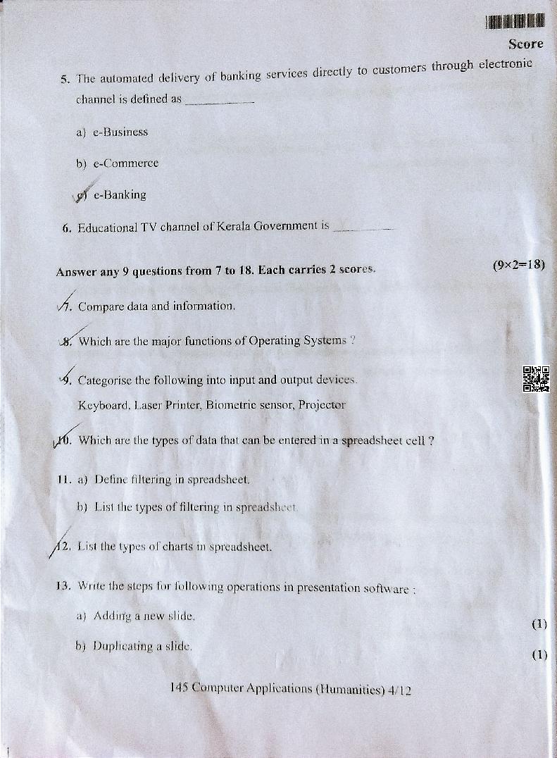 Kerala Plus One Computer Application Model Exam Question Paper 2025 (PDF) - Download KBPE Class ...