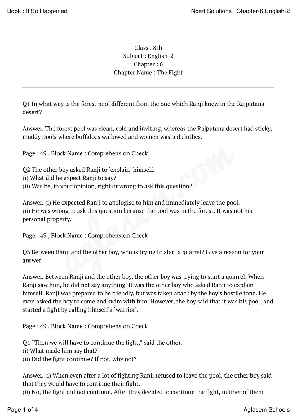 NCERT Solutions For Class 8 English Chapter 6 The Fight PDF 