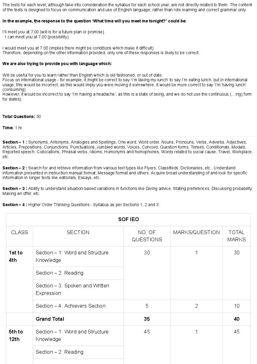 SOF IEO Syllabus Class 9