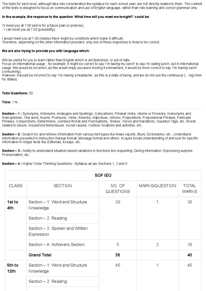 SOF IEO Syllabus Class 8