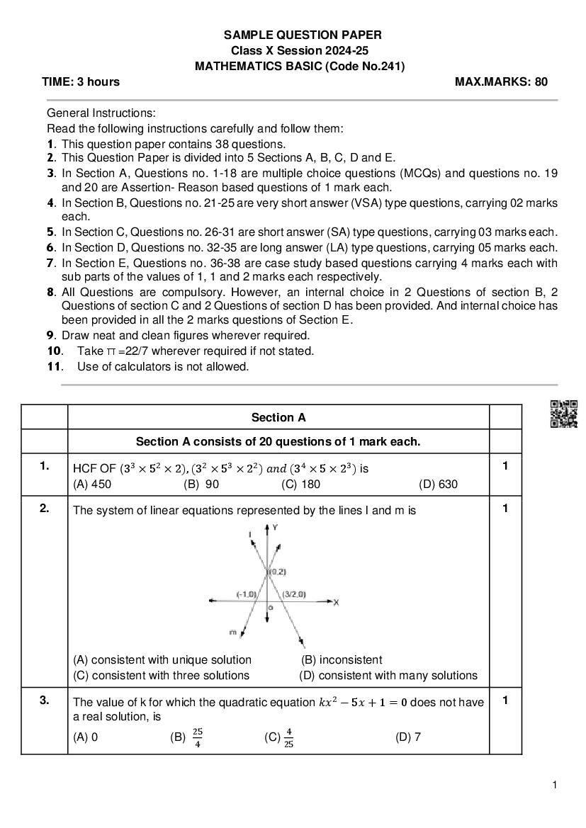 CBSE Class 10 Maths Basic Sample Paper 2025 PDF 