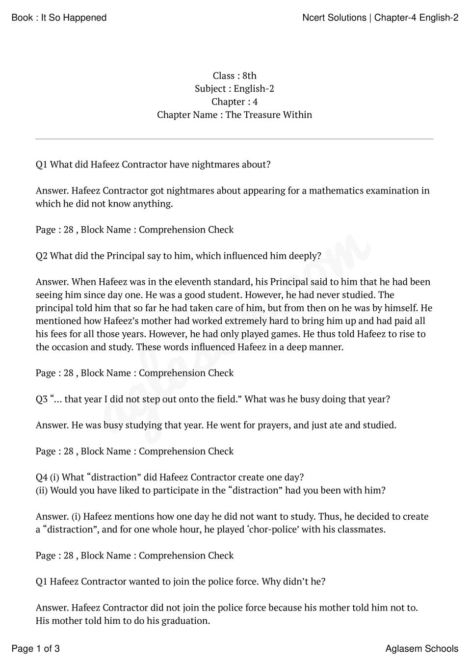 NCERT Solutions For Class 8 English Chapter 4 The Treasure Within PDF 