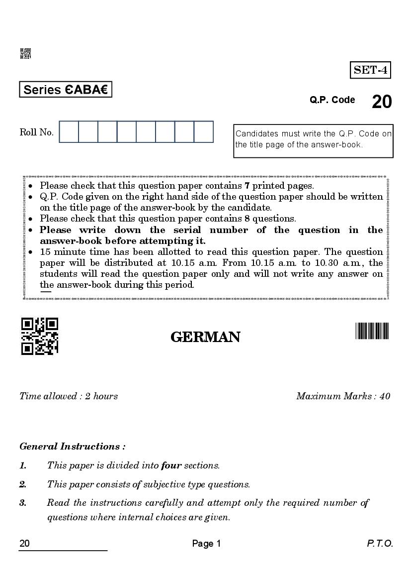 CBSE Class 12 Question Paper 2022 German