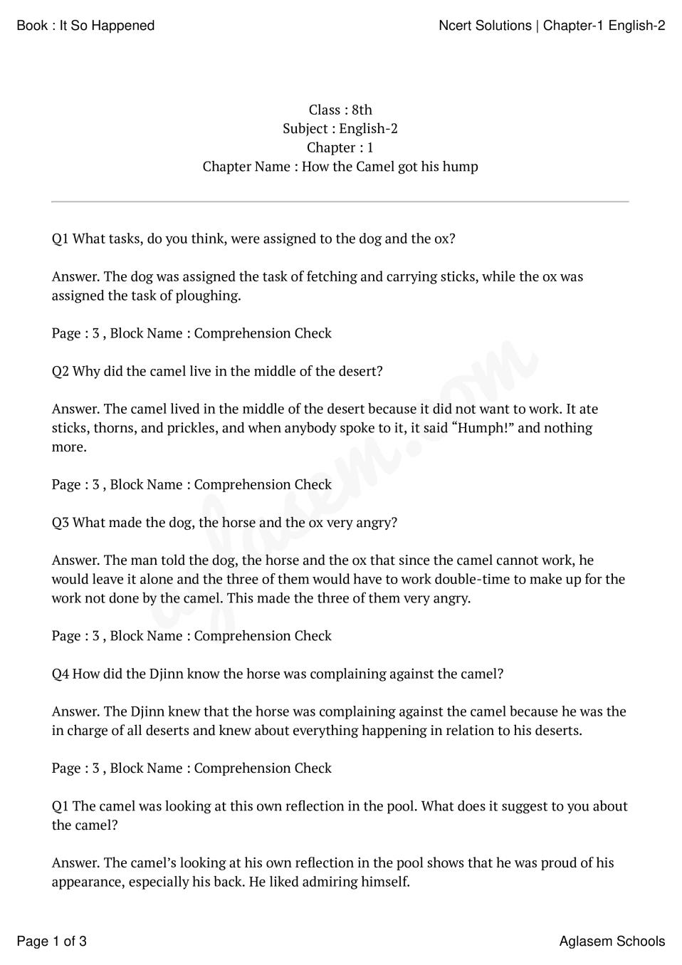 NCERT Solutions Class 8 English It So Happened Chapter 1 How The Camel NCERT Solutions Class 8 English It So Happened Chapter 1 How The Camel