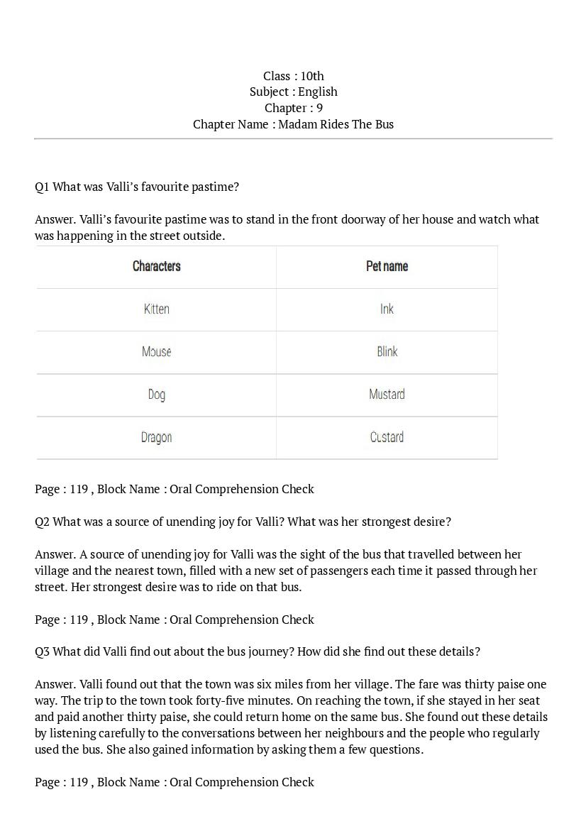NCERT Solutions For Class 10 English Chapter 9 Madam Rides The Bus