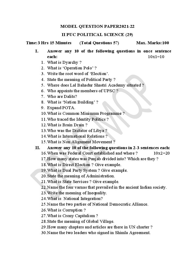 Karnataka 2nd PUC Model Question Paper for Political Science 2022