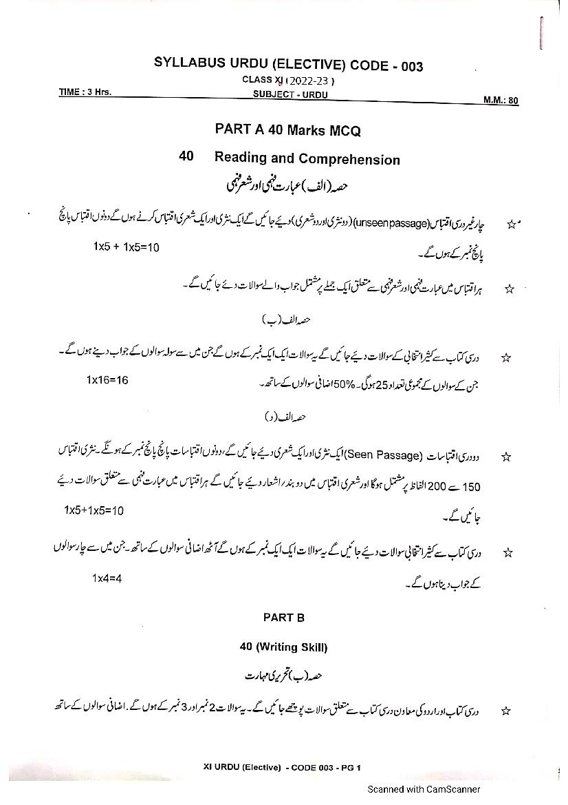 CBSE Class 11 Syllabus 2022 23 Urdu Elective