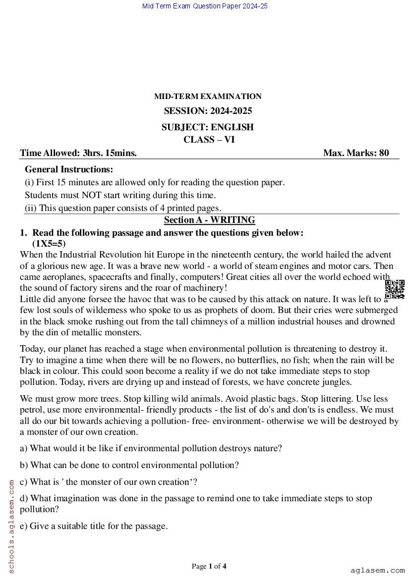 Class 6 English Mid Term Question Paper 2025 | Download 6th Term 1 Exam ...