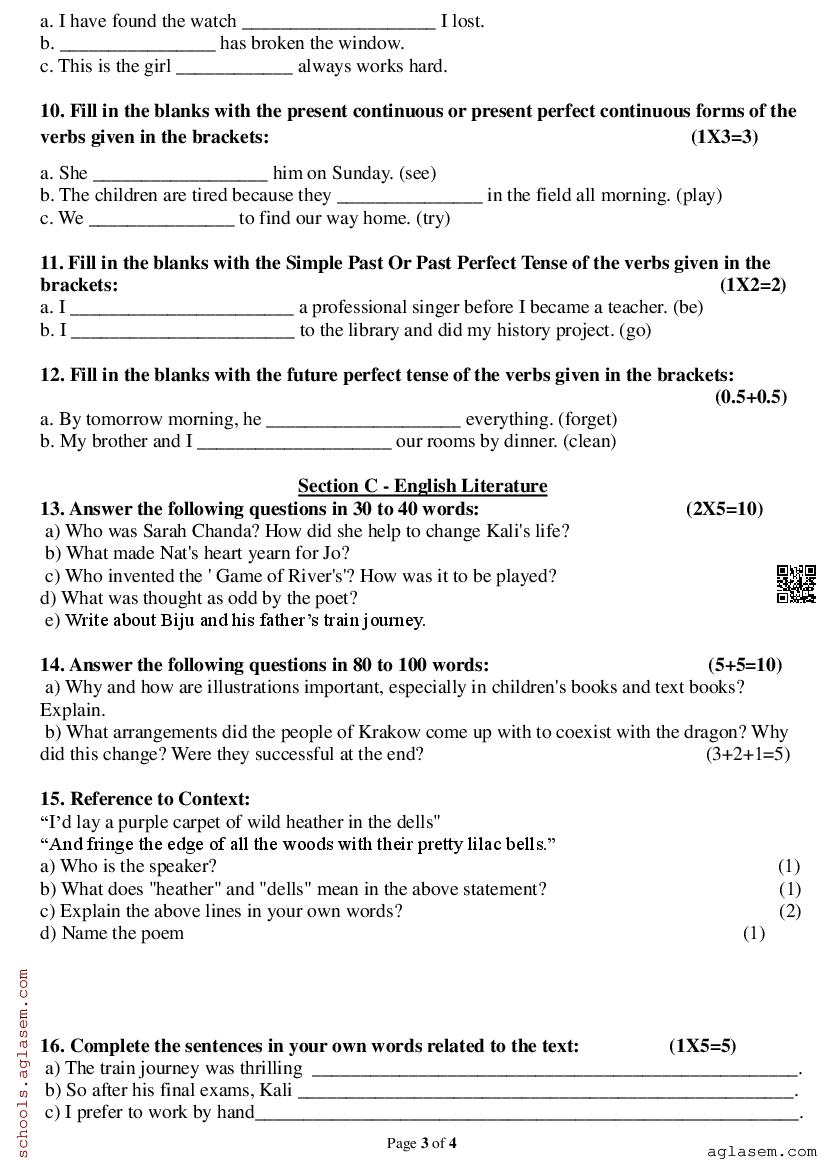 Class 6 English Mid Term Question Paper 2025 | Download 6th Term 1 Exam Paper PDF - AglaSem