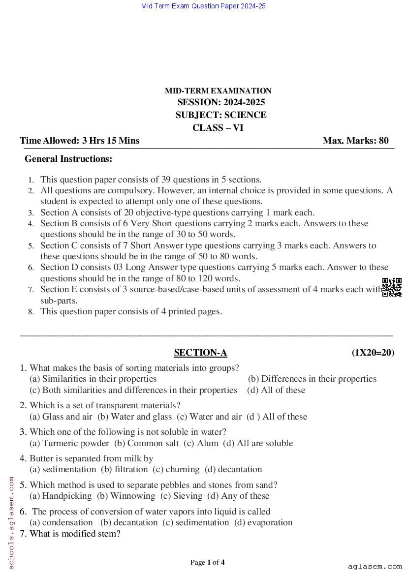 Class 6 Science Mid Term Question Paper 2025 | Download 6th Term 1 Exam ...