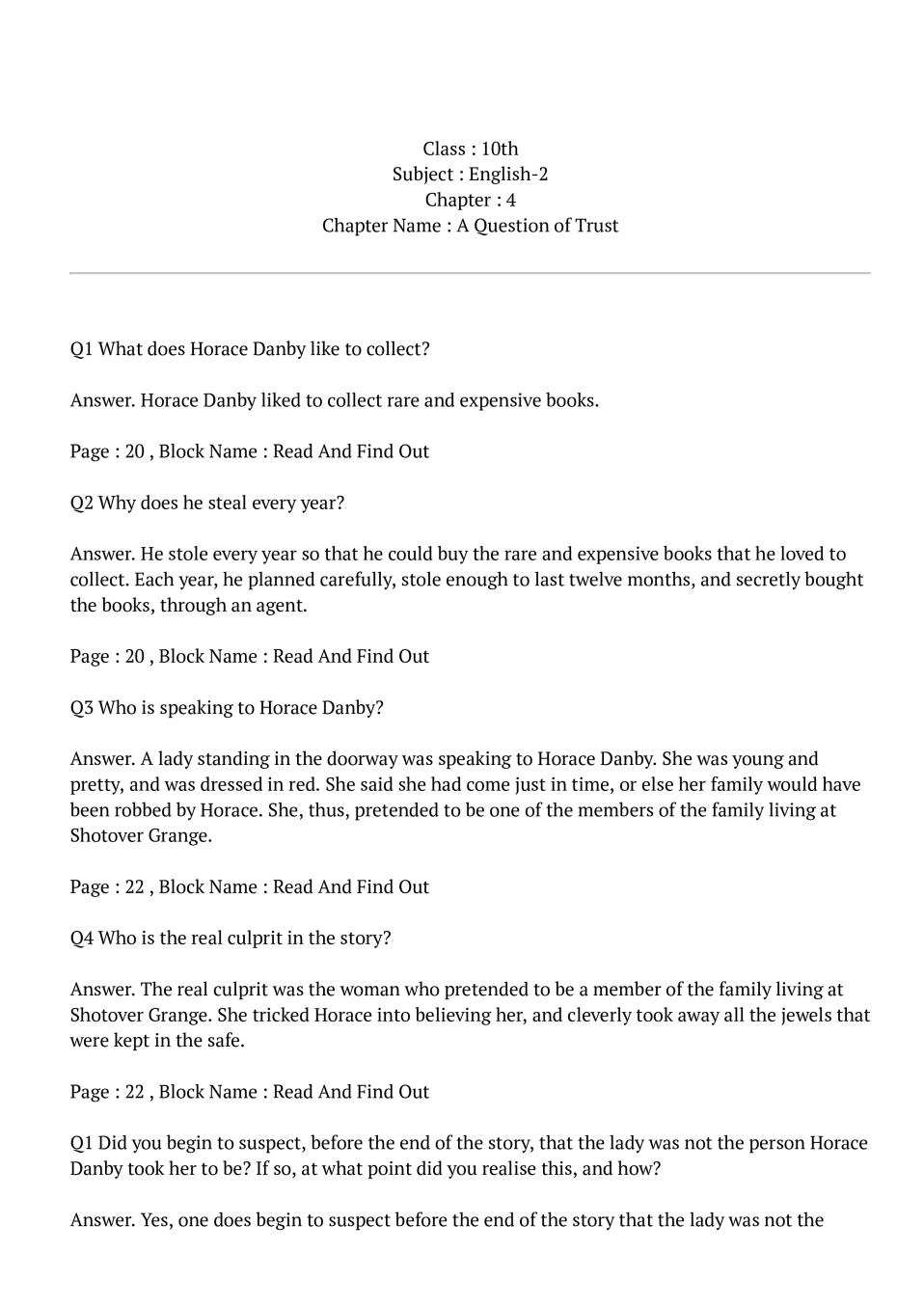 NCERT Solutions For Class 10 English Chapter 4 A Question Of Trust PDF 