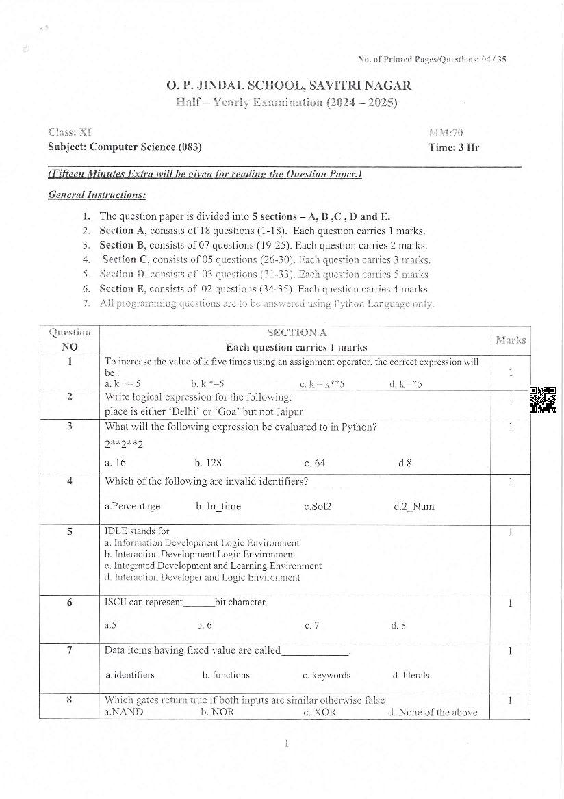 Class 11 Computer Science Half Yearly Question Paper 2025 | Download ...