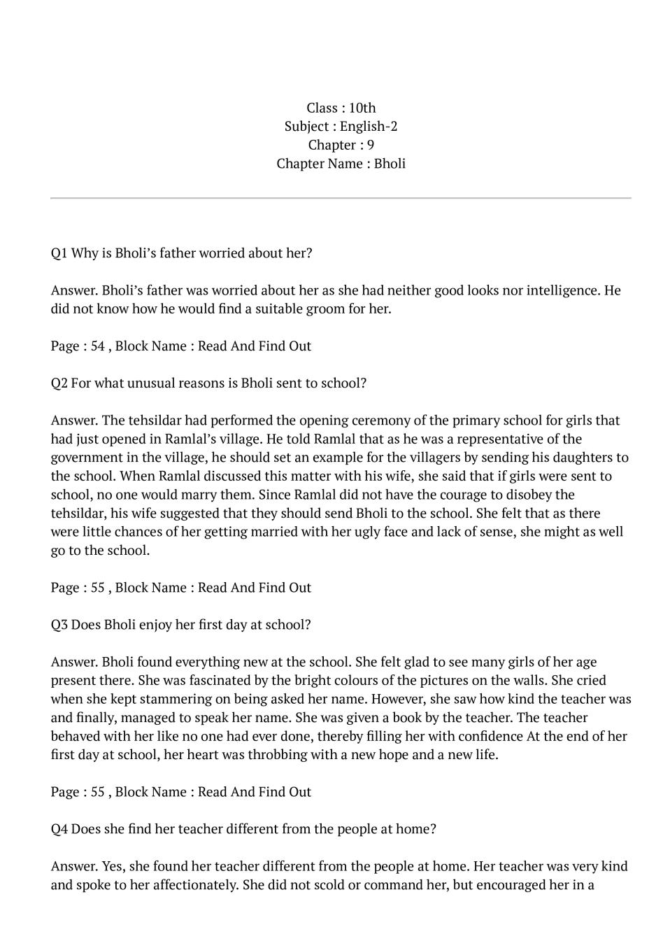 NCERT Solutions For Class 10 English Chapter 8 Bholi PDF 