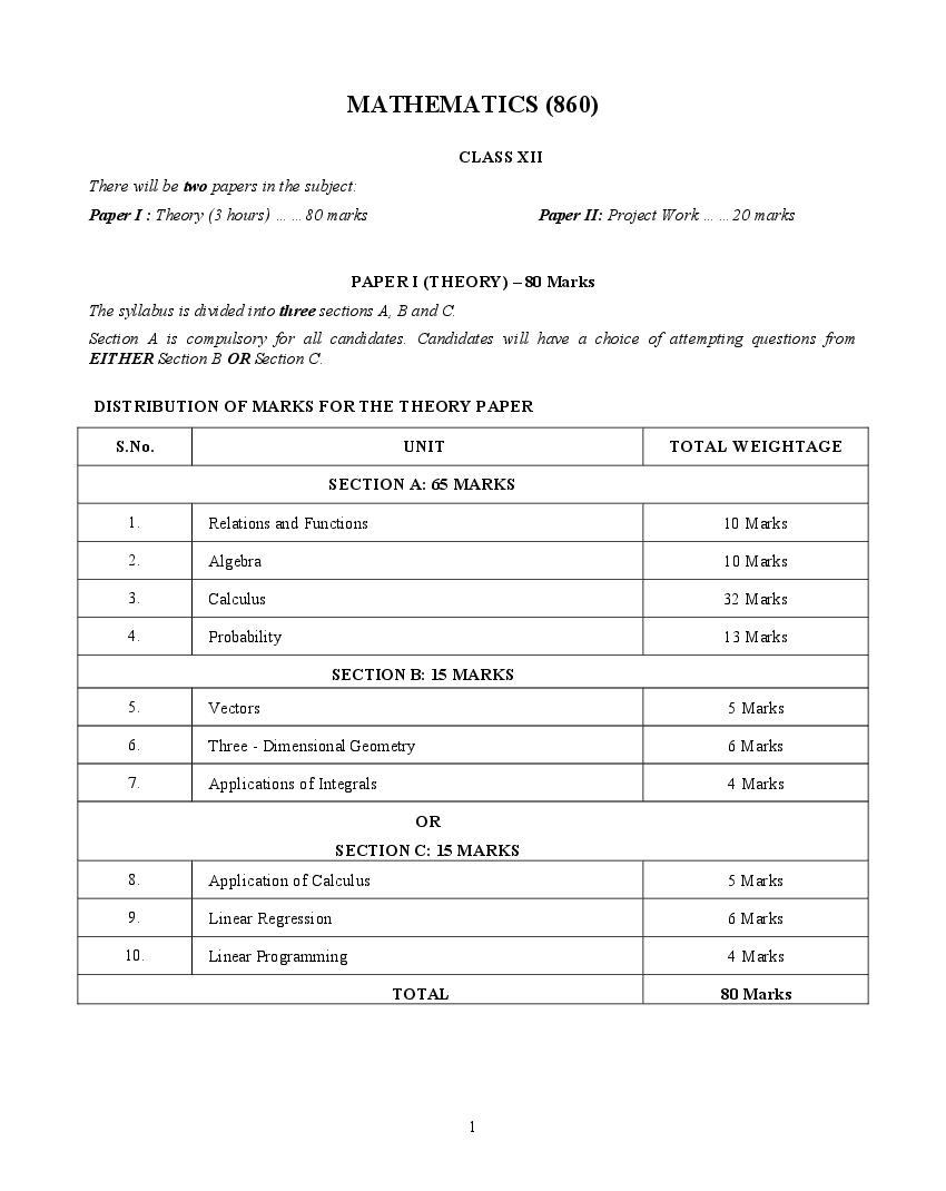 ISC Class 12 Syllabus 2023 Mathematics Revised 