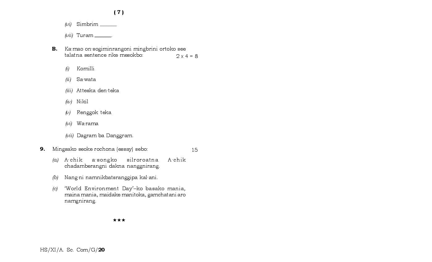 Meghalaya Board (MBOSE) Class 11 Question Paper for Garo (Modern Indian ...