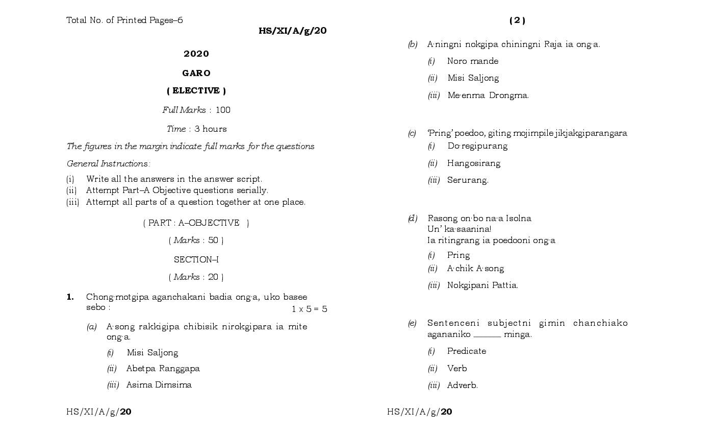 Meghalaya Board (MBOSE) Class 11 Question Paper for Garo (Modern Indian ...