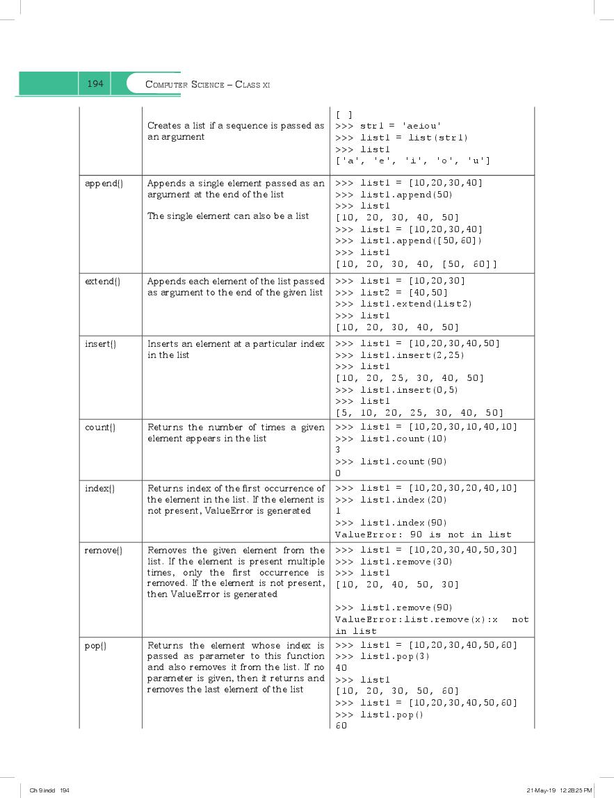 NCERT Book Class 11 Computer Science Chapter 9 Lists