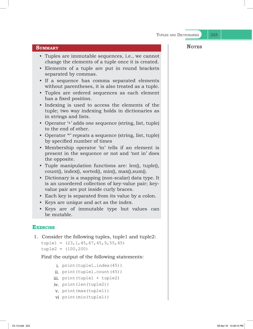 NCERT Book Class 11 Computer Science Chapter 10 Tuples And Dictionaries