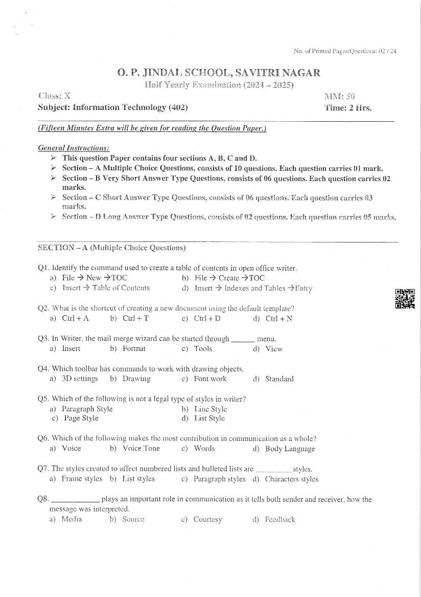 Class 10 Artificial Intelligence Half Yearly Question Paper 2025 ...