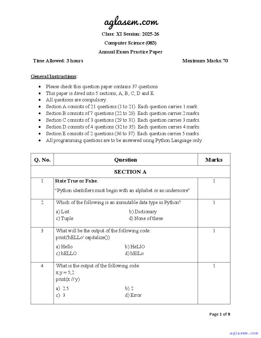 Class 11 Computer Science Sample Paper 2026 PDF - Download Computer ...