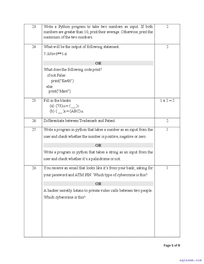 Class 11 Computer Science Sample Paper 2026 PDF - Download Computer ...