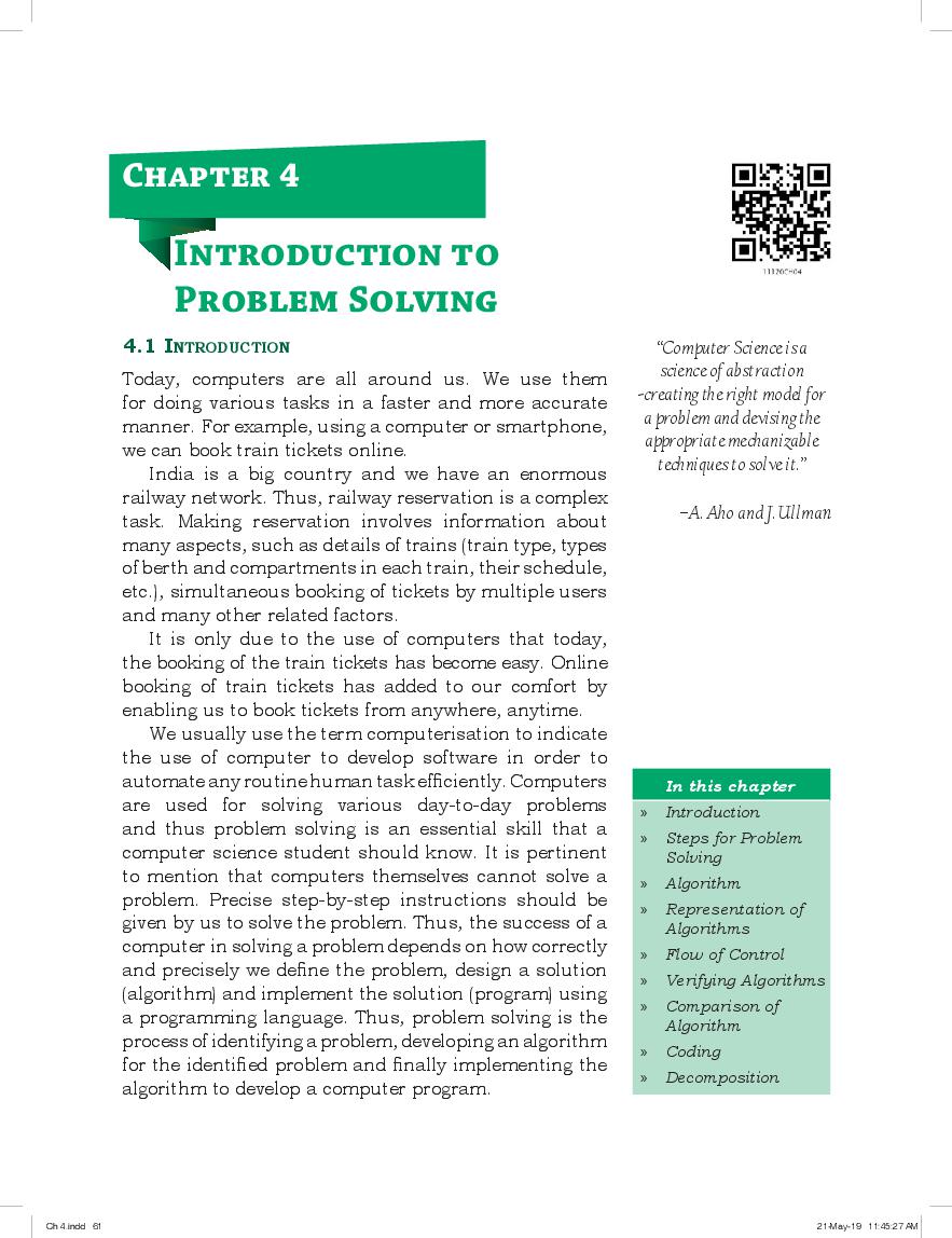 NCERT Book Class 11 Computer Science Chapter 4 Introduction To Problem 