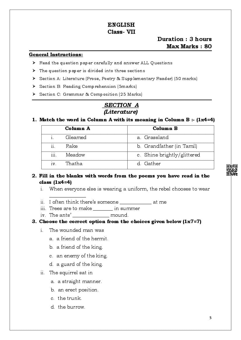 MBOSE Class VII English Sample Paper 2026 (PDF) - Download Meghalaya ...