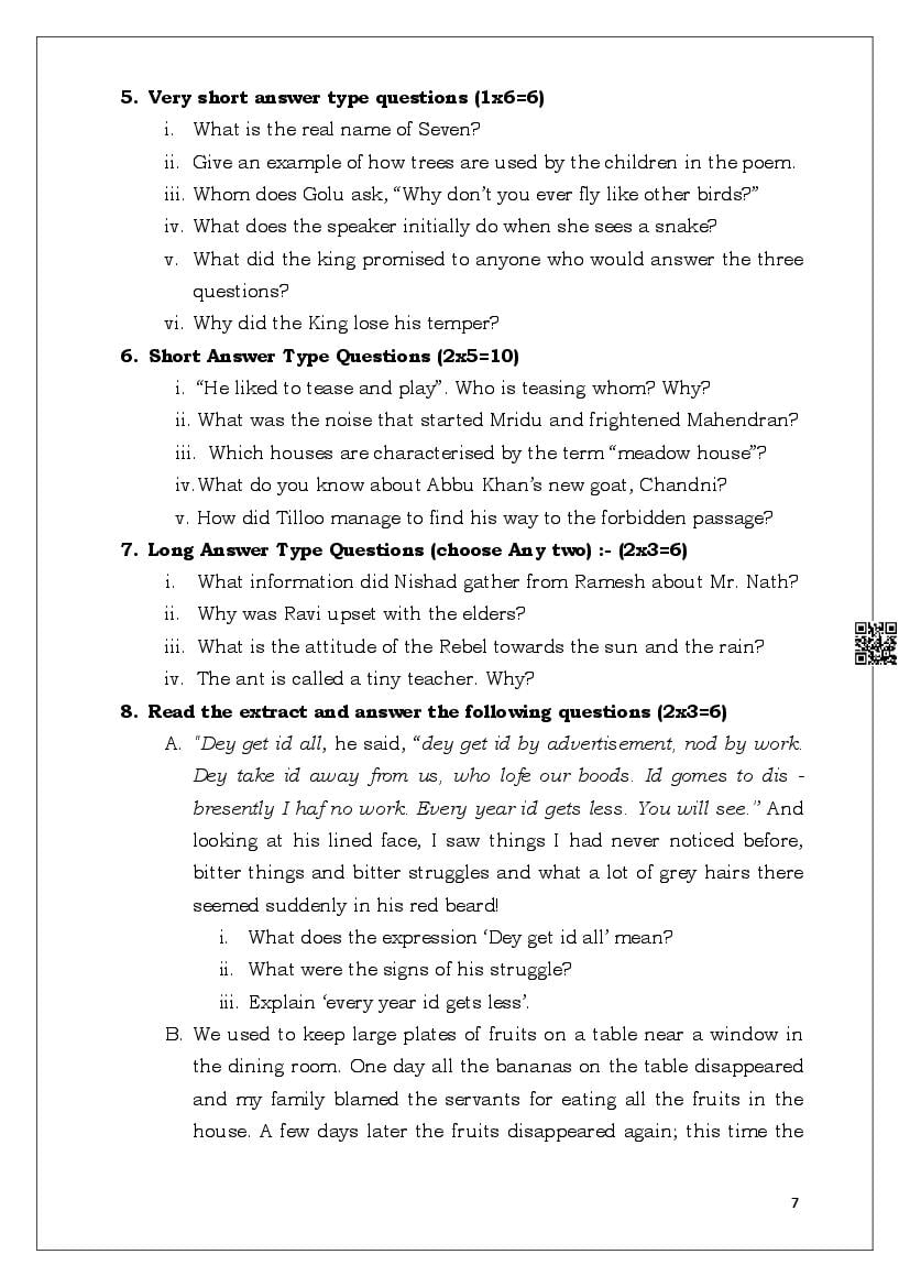 MBOSE Class VII English Sample Paper 2026 (PDF) - Download Meghalaya ...