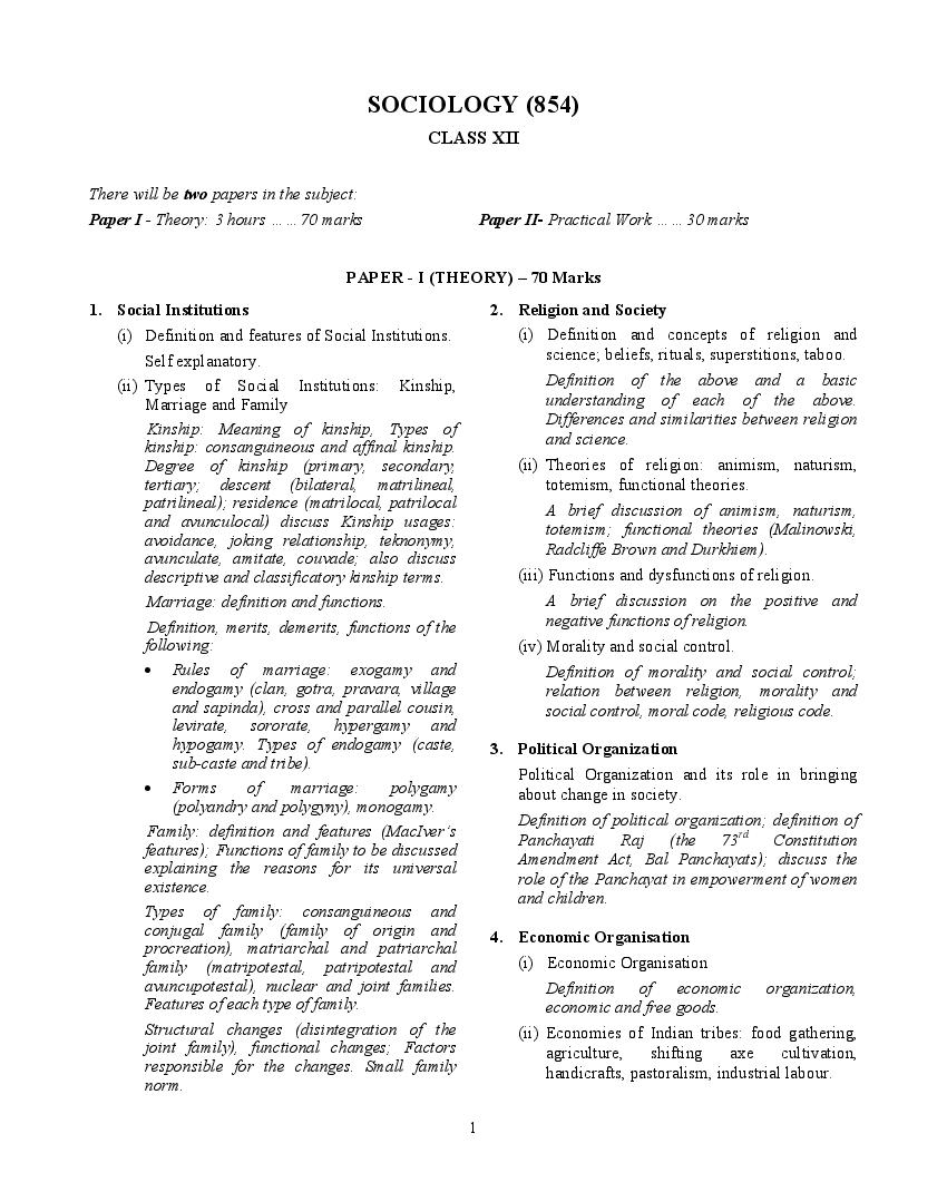 ISC Class 12 Syllabus 2023 Sociology Revised 