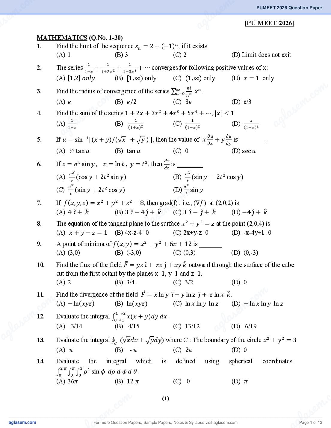 PUMEET 2026 Question Paper (PDF) - Download Here - AglaSem Admission