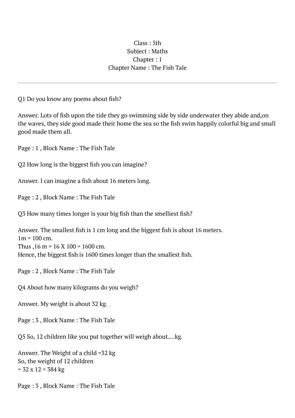 NCERT Solutions For Class 5 Maths Chapter 1 The Fish Tale PDF 