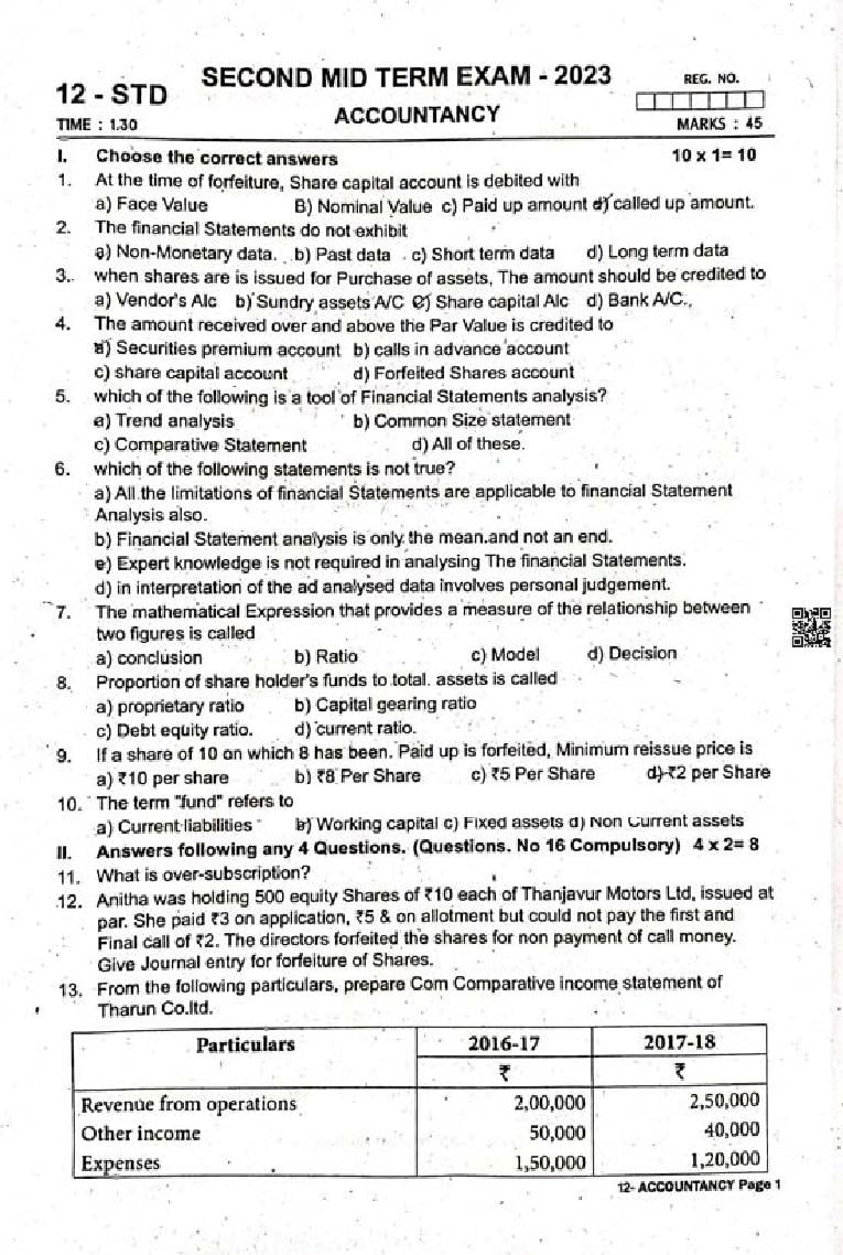 TN 12th Accountancy Second Mid Term Question Paper 2024 | 2nd Mid Term PYQP Download PDF - AglaSem