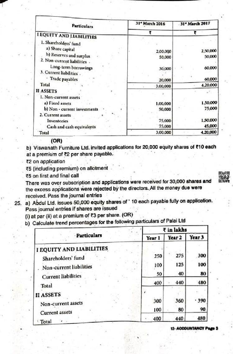 TN 12th Accountancy Second Mid Term Question Paper 2024 | 2nd Mid Term PYQP Download PDF - AglaSem