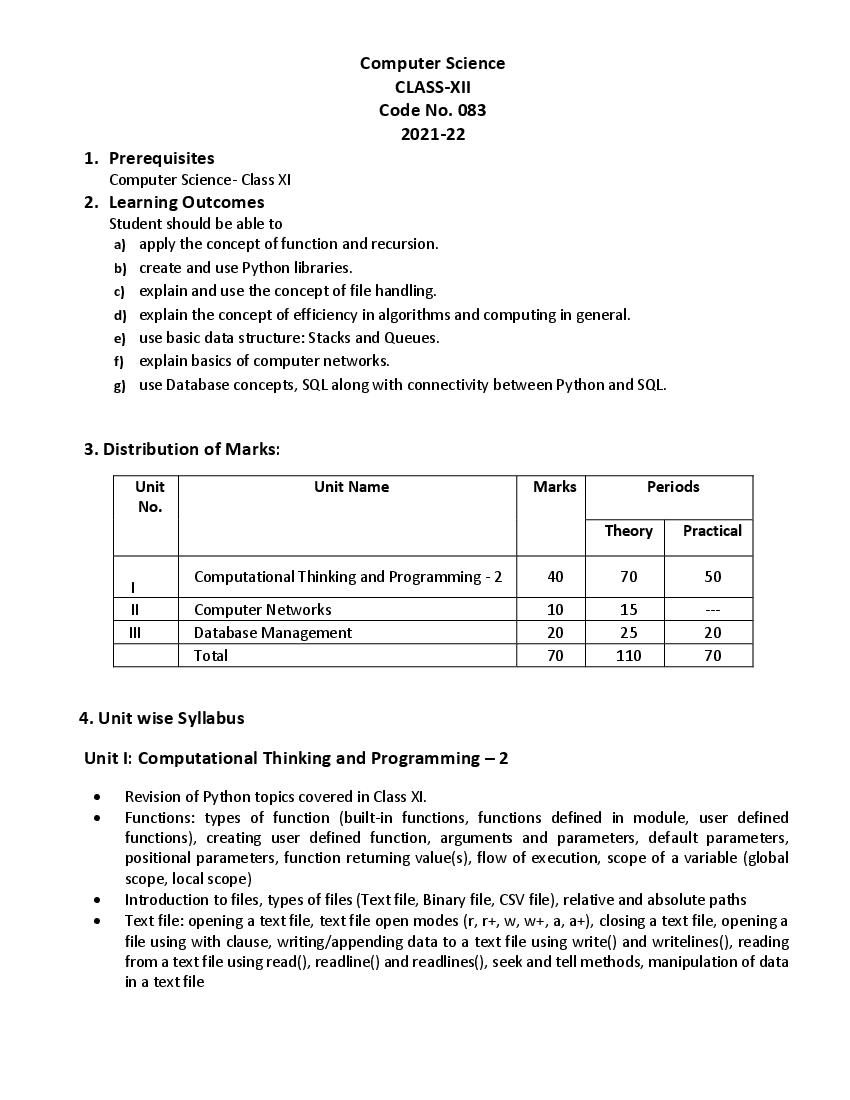 CBSE Class 12 Computer Science Syllabus 2021 22 CBSE Class 12 Computer Science Syllabus 2021 22