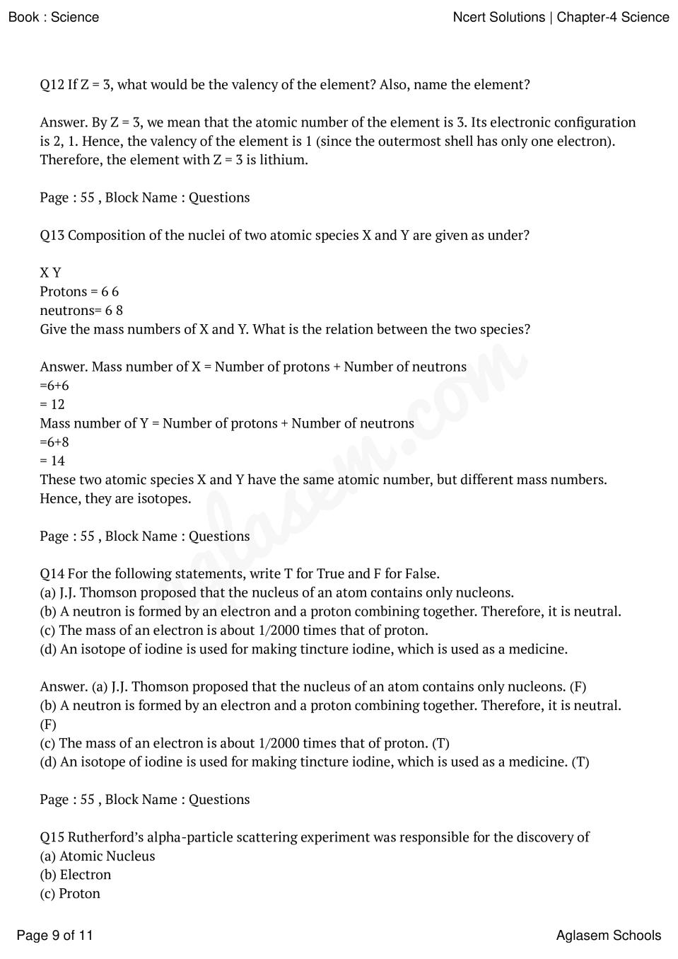 NCERT Solutions For Class 9 Science Chapter 4 Structure Of The Atom PDF 