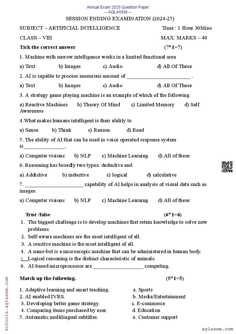 Class 8 Artificial Intelligence Question Paper 2025 (PDF) - Download ...
