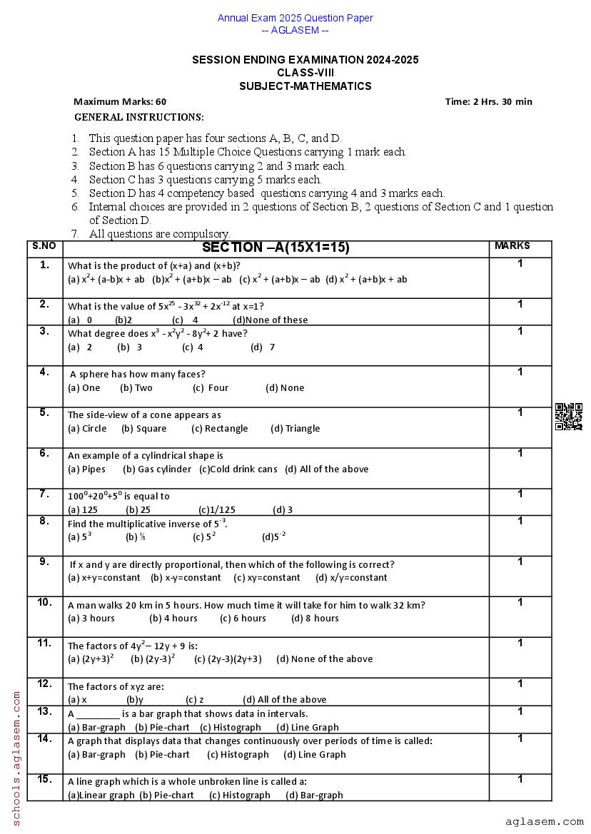 Class 8 Maths Question Paper 2025 (PDF) - Download 8th Std Annual Exam ...