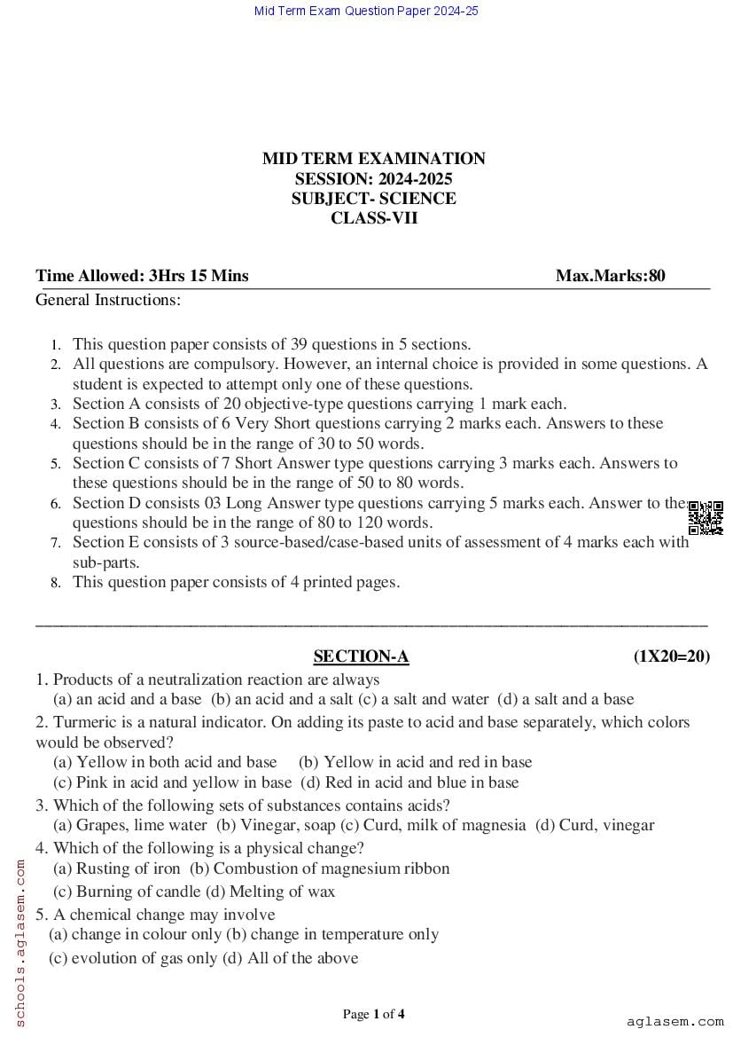 Class 7 Science Mid Term Question Paper 2025 | Download 7th Term 1 Exam ...