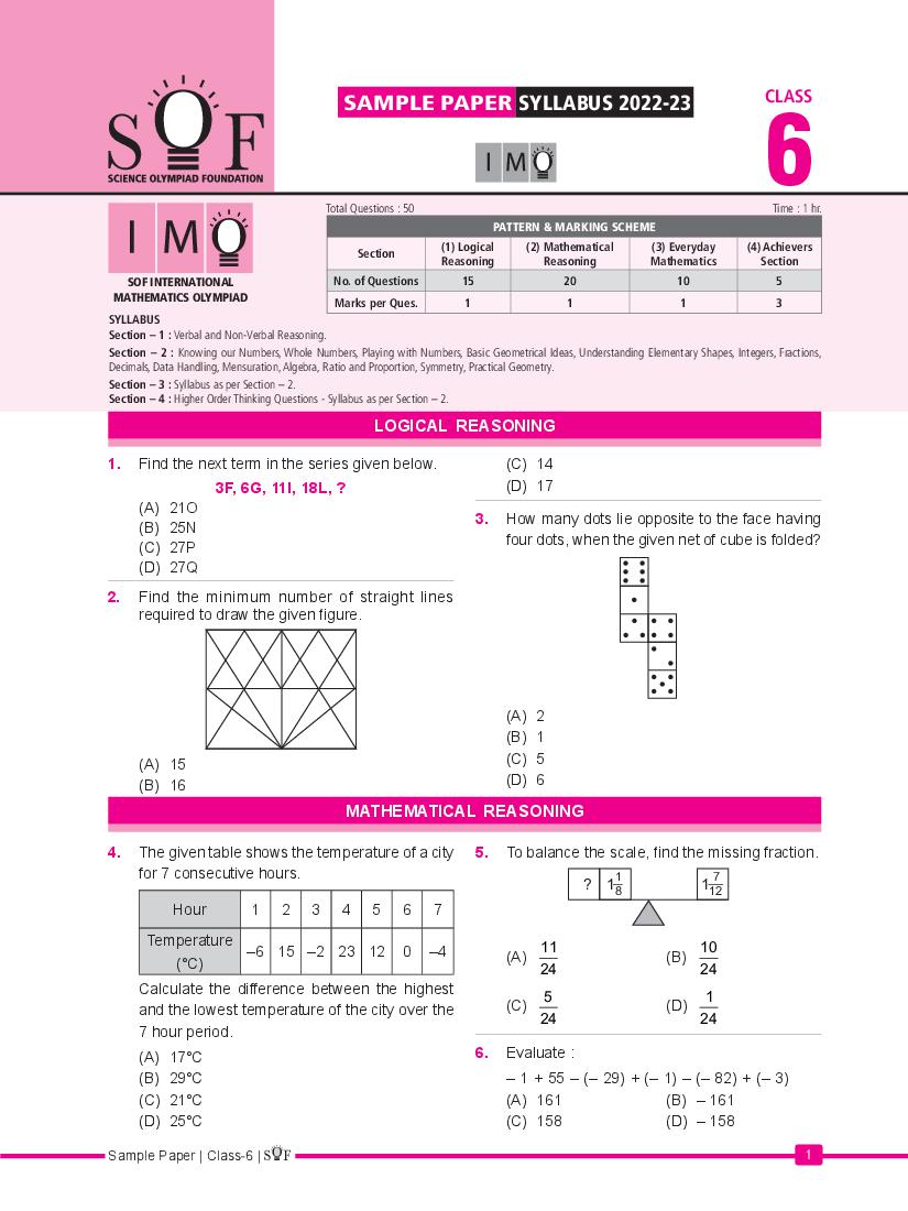 SOF IMO Sample Paper 2023 Class 6