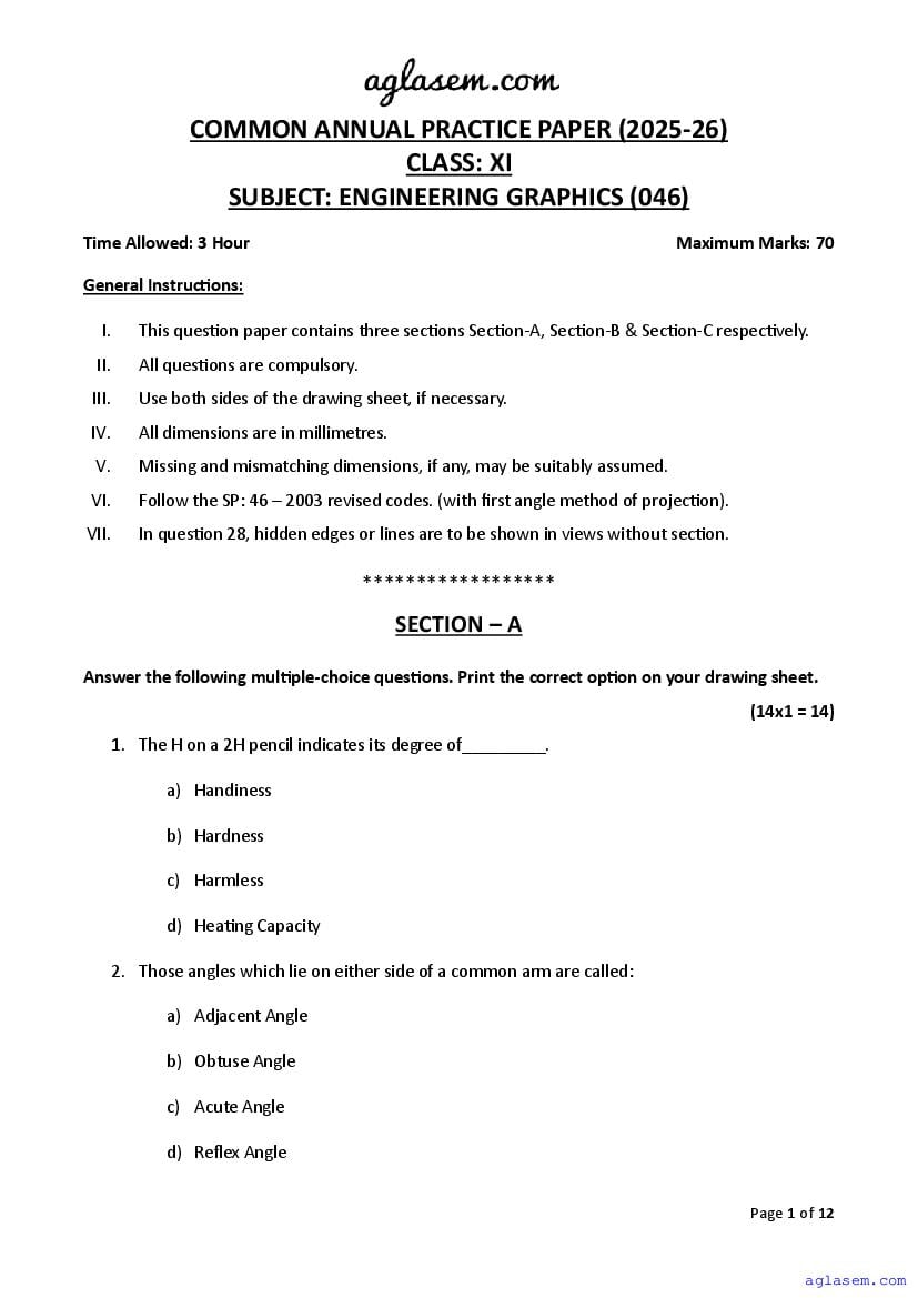 Class 11 Engineering Graphics Sample Paper 2026 PDF - Download ...