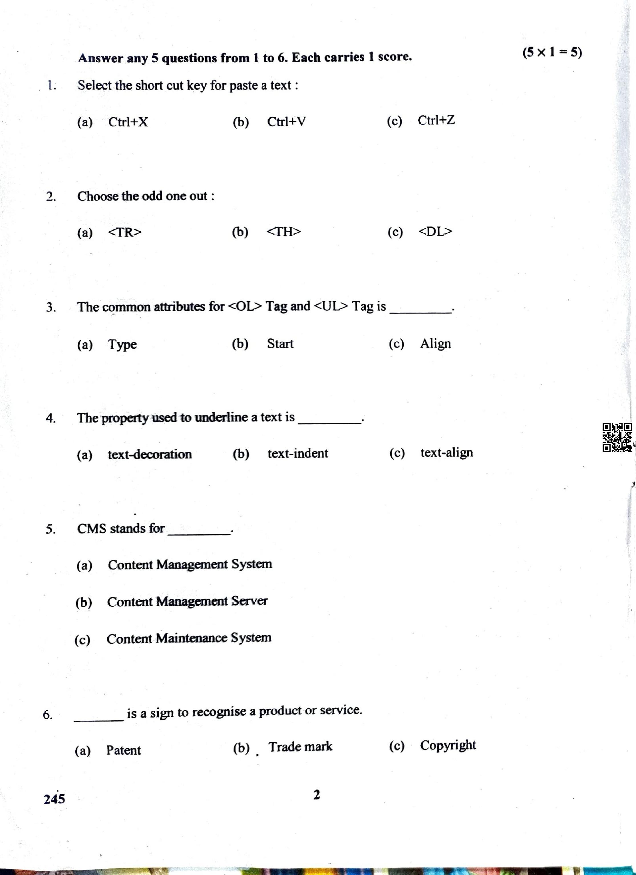 Kerala Plus Two Computer Application Model Exam Question Paper 2025 ...