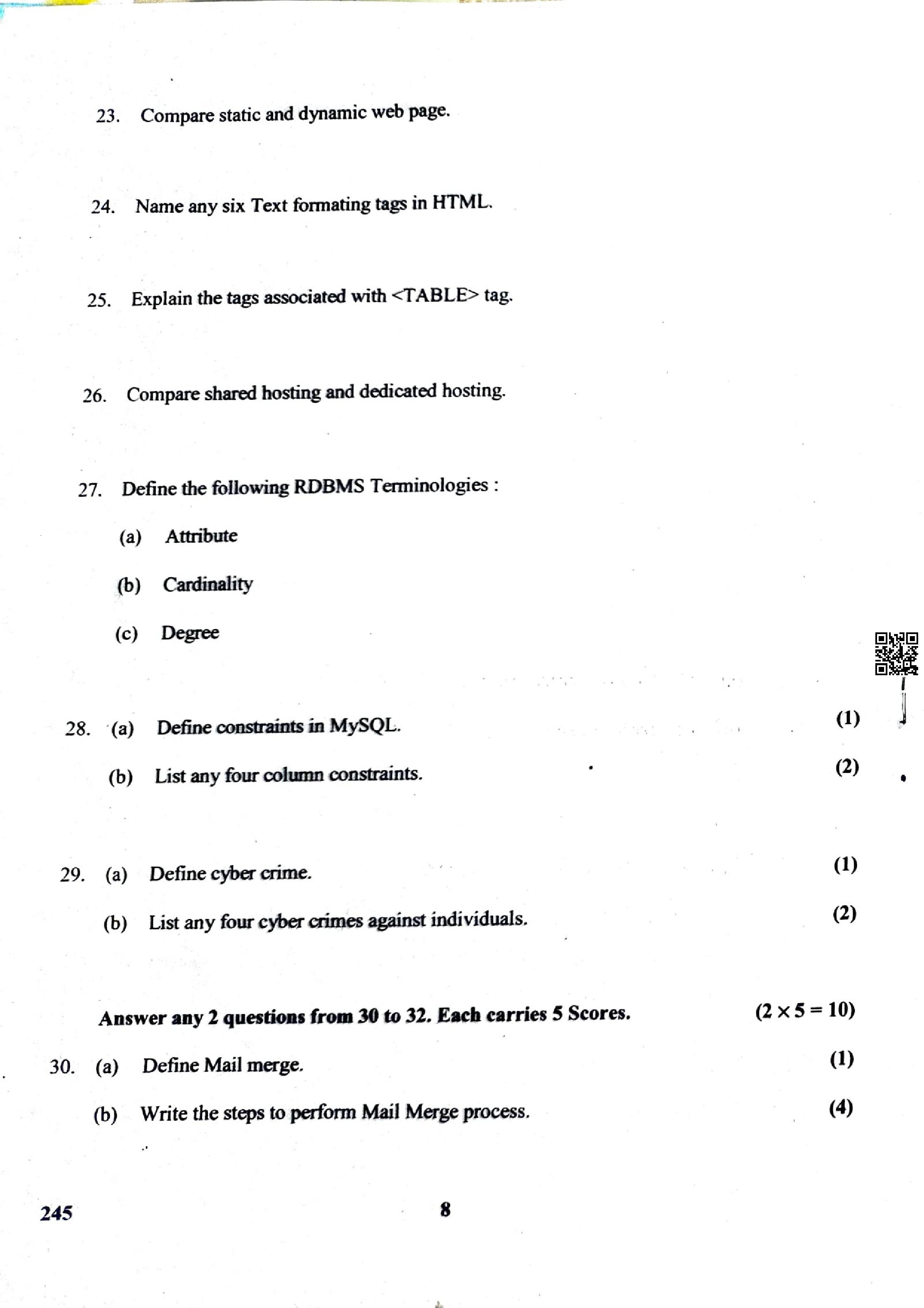 Kerala Plus Two Computer Application Model Exam Question Paper 2025 ...
